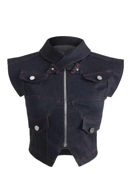 JENDUE Davidson Cross Neck Denim Vest - Deep Blue