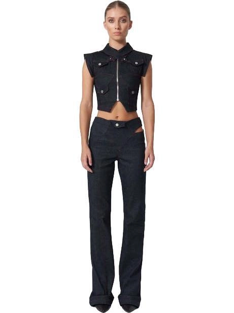 JENDUE Davidson Cropped Denim Vest - Deep Blue