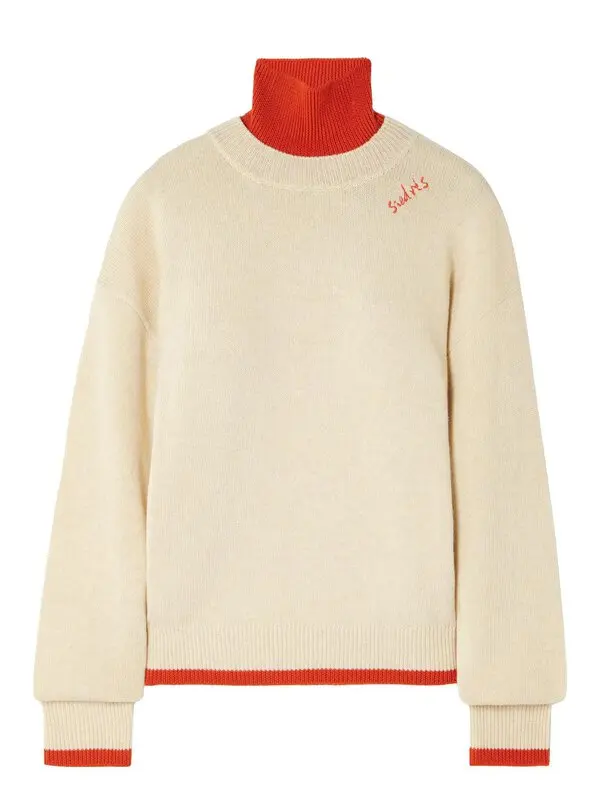 SIEDRES Layered Embroidered Knitted Turtleneck Sweater - Ecru