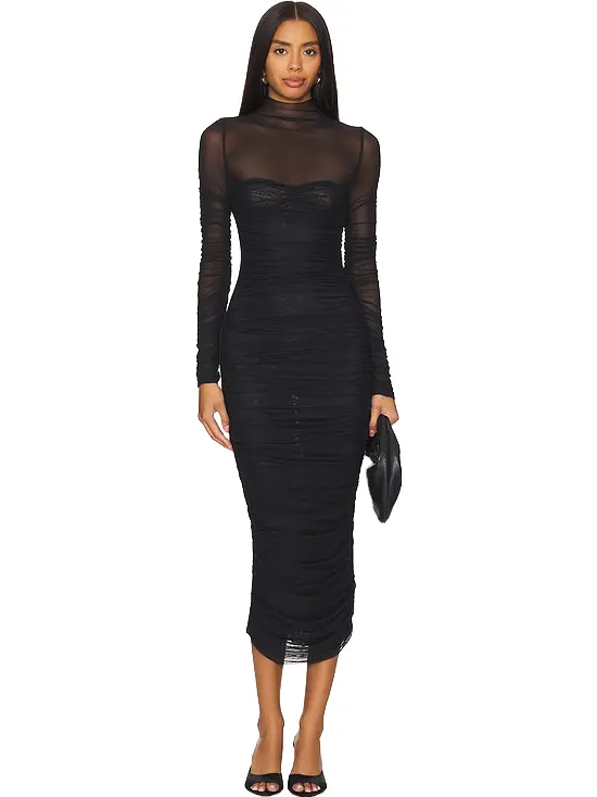 SEROYA Trina Mesh Ruched Midi Dress - Black