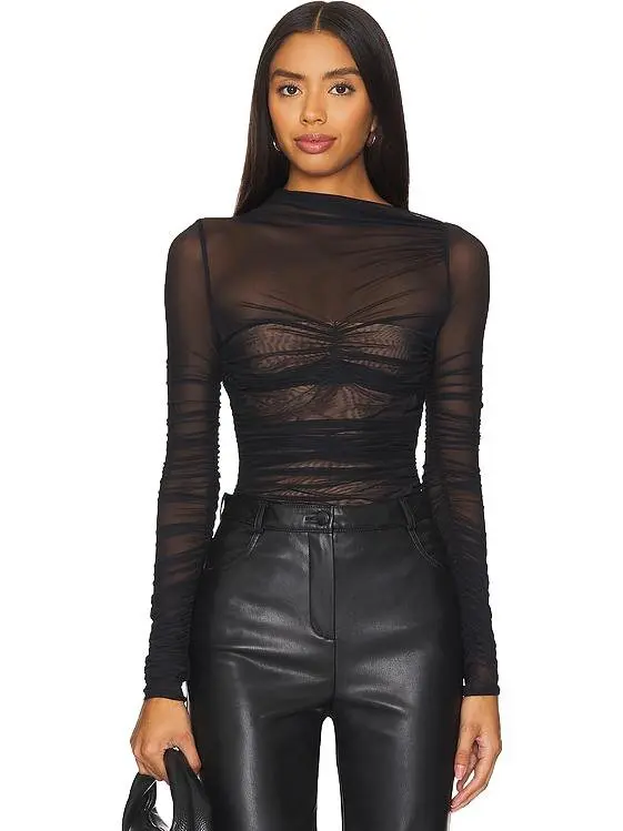 SEROYA Mila Ruched Bodysuit With Asymmetric Neck - Black