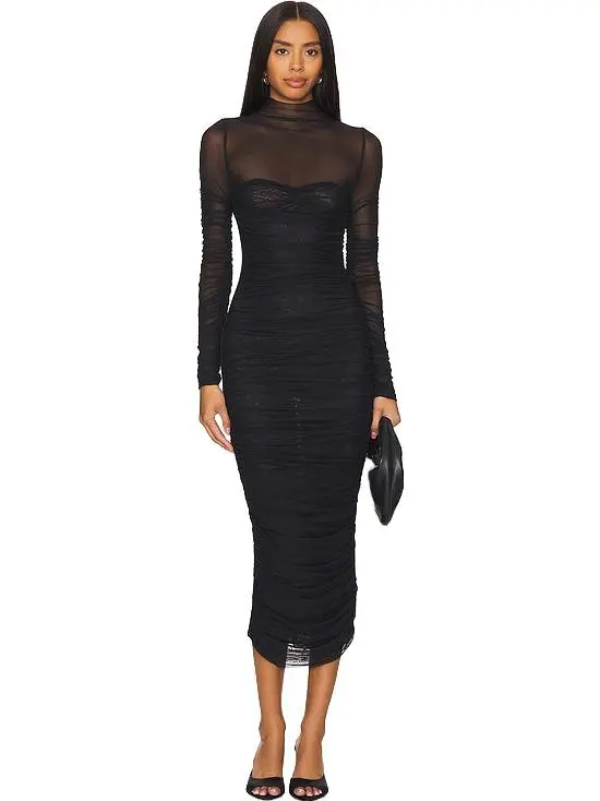 SEROYA Trina Mesh Ruched Midi Dress - Black