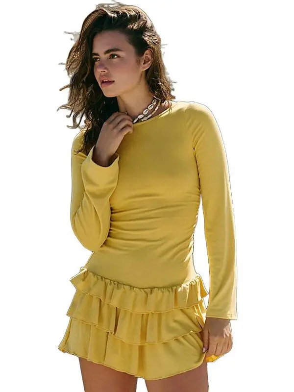 Free People Good Feels Ruffle Long-sleeve Mini Dress - Yellow