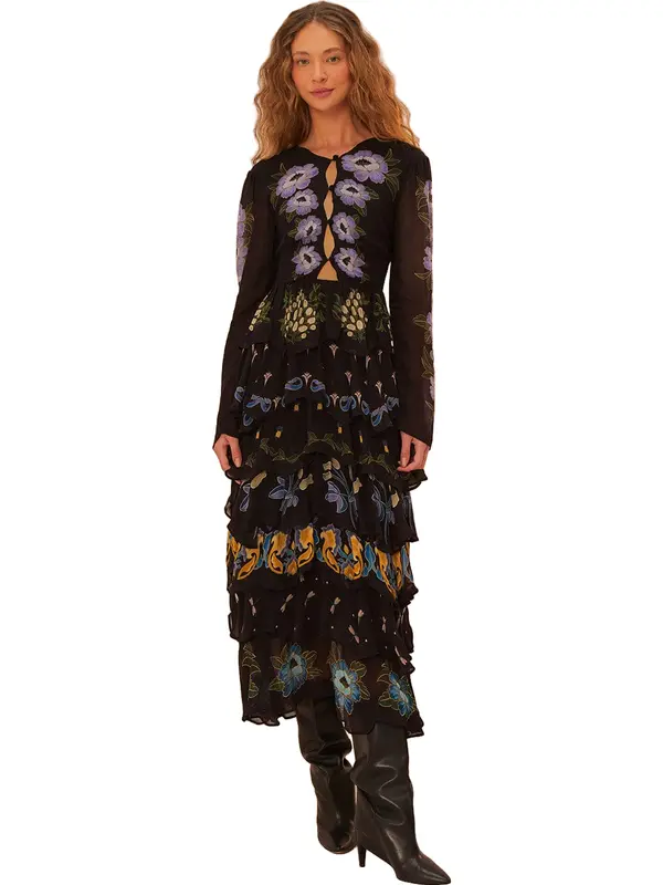 Farm Rio Floral Embroidered Ruffle Maxi Dress - Winter Garden Black