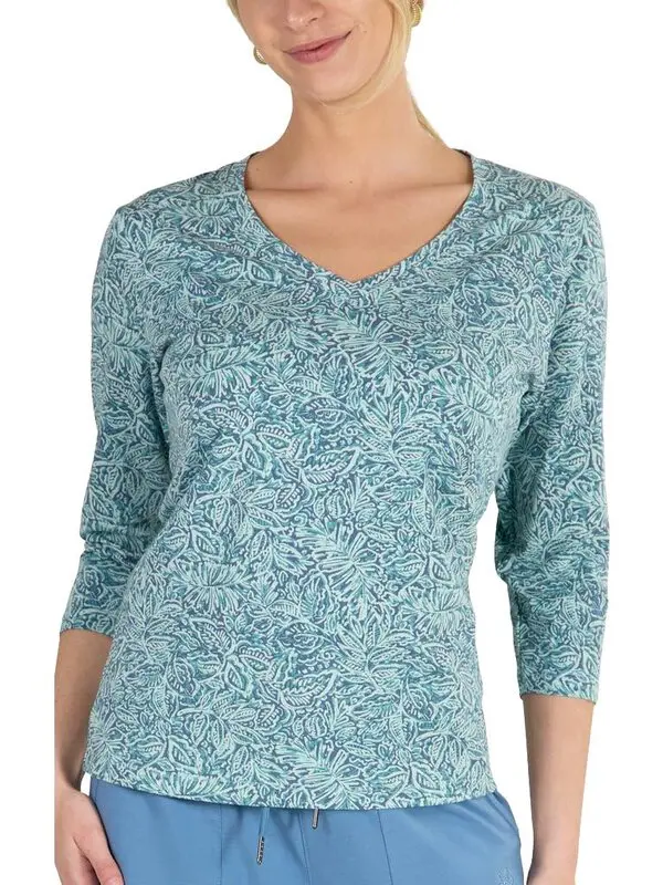 UV SKINZ 3/4 Sleeve V-neck Tee - Mirage Leaves