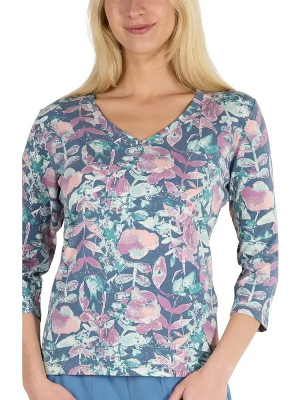 UV SKINZ 3/4 Sleeve V-neck Tee - Twilight Flora