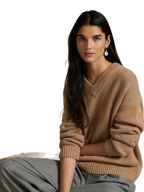 Ralph Lauren Cashmere High V-neck Sweater - Collection Camel Melange