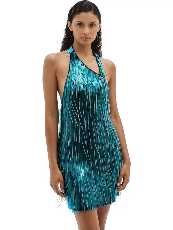 ILTA Sequinned And Beaded Mini Dress - Turquoise