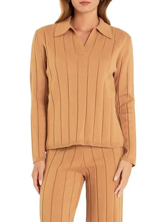 English Factory Long Sleeve Rib Knit Top - Camel