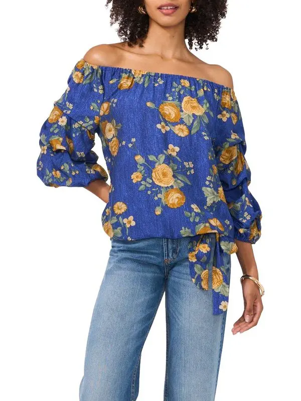 Vince Camuto Floral Off The Shoulder Bubble Sleeve Top - Riviera Sand