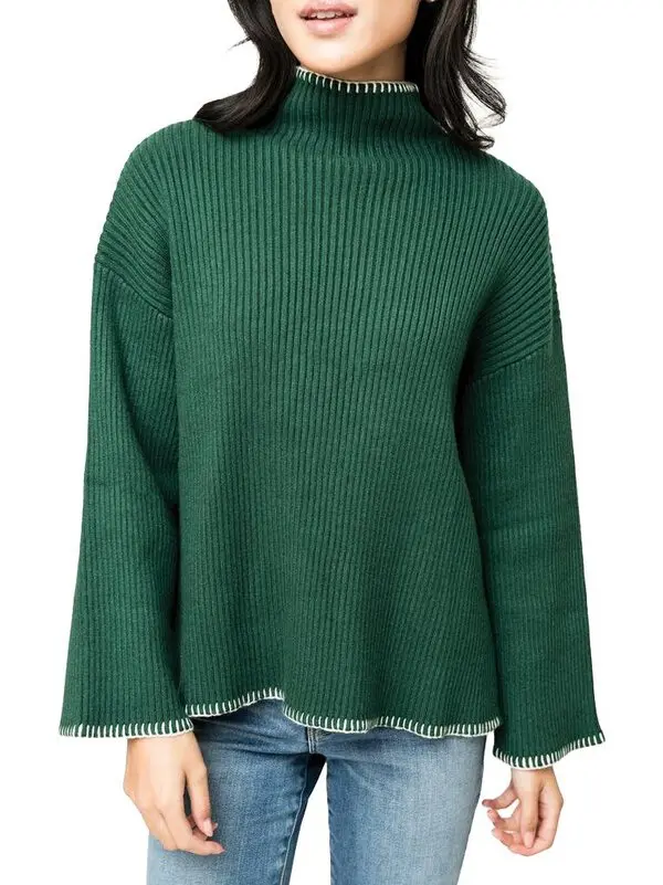 GIBSONLOOK Whipstitch Trim Ribbed Sweater - Green Forest Ivory