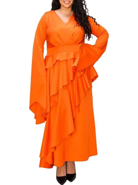 L I V D Zeta Ruffled Long Sleeve Dress - Tangerine