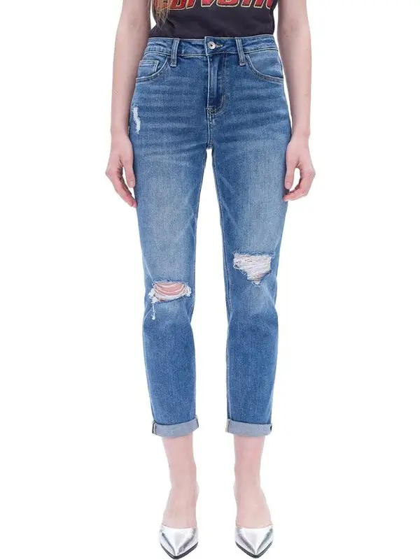 BAYEAS High Rise Distressed Relaxed Boyfriend Jeans - Midnight Thunder