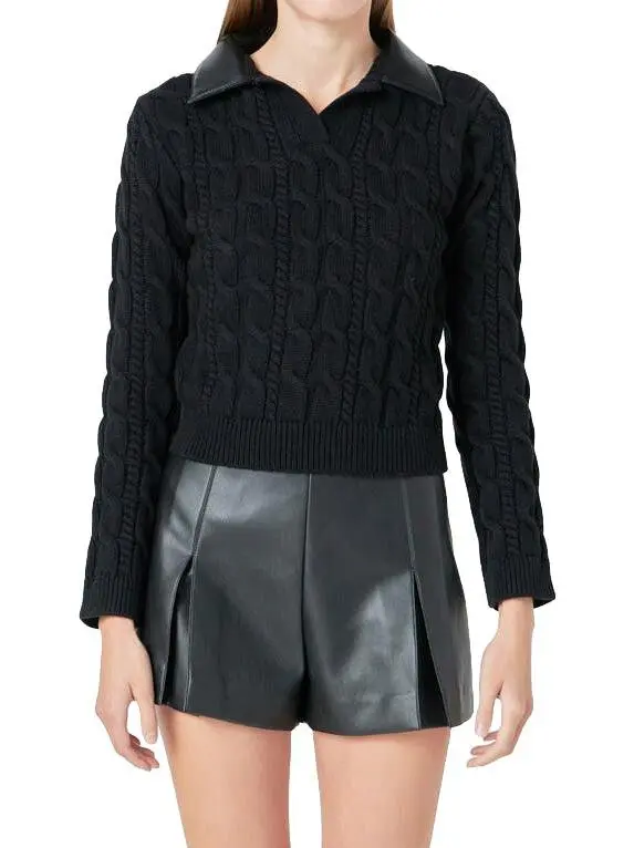 Endless Rose Faux Leather Collar Cable Sweater - Black
