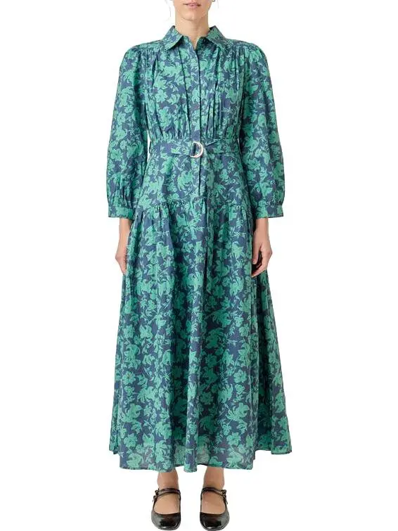 English Factory Belted Tiered Print Midi Dress - Navy/green