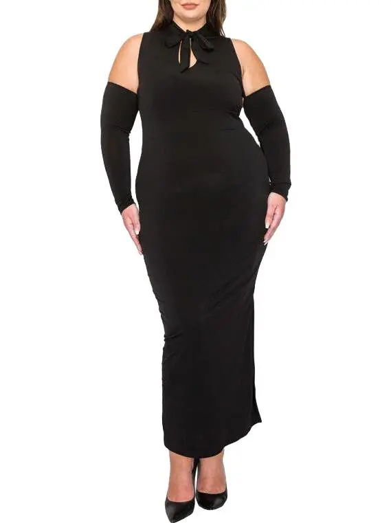 L I V D Fatale Tie Neck Cold Shoulder Long Sleeve Dress - Black