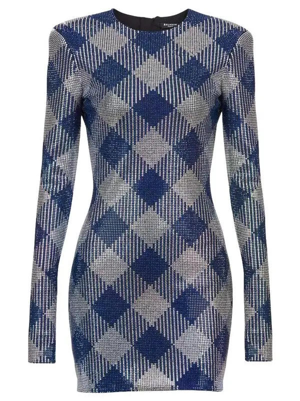Balmain Gingham Rhinestone Mini Dress - Blue