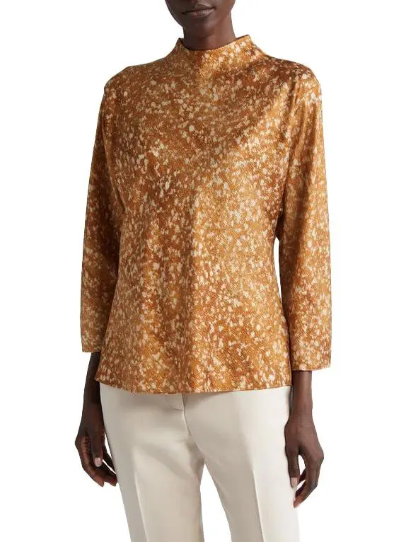 Lafayette 148 New York Floating Leaves Print Satin Top - Camel Multi
