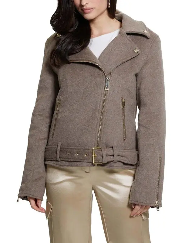 Guess Nancy Moto Jacket With Faux Fur Collar - Walnut Shell Multi