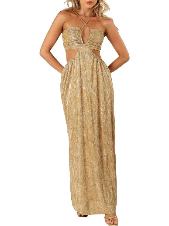 PETAL & PUP Beyz Plissé Maxi Dress - Gold
