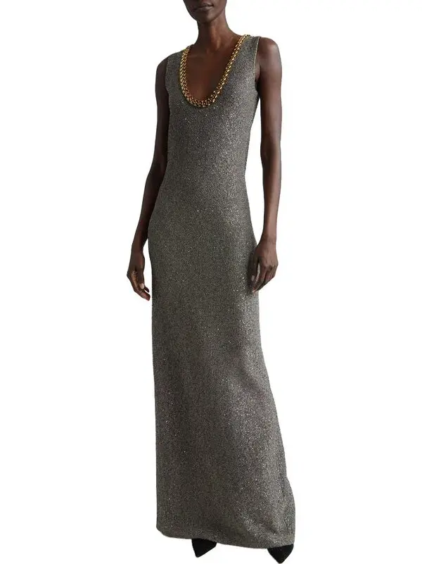 St. John Sequin Embellished Tweed Gown - Carbon/ Gold Multi