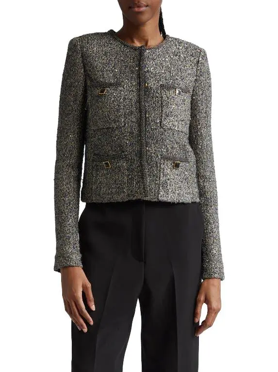 St. John Sequin Knit Crop Jacket - Carbon/ Gold Multi