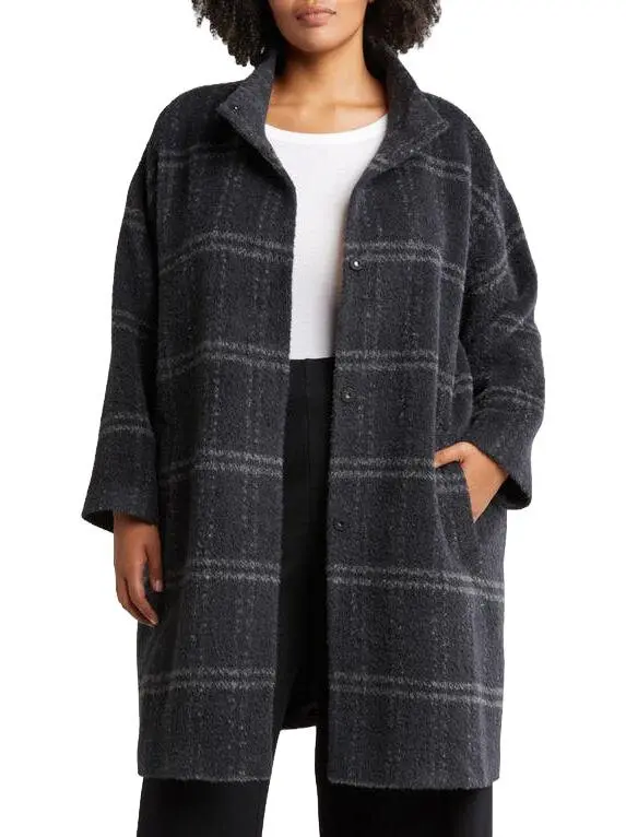 Eileen Fisher High Collar Plaid Coat - Charcoal