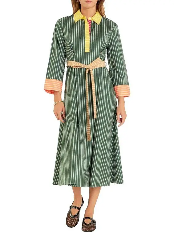 English Factory Colorblock Stripe Cotton Shirtdress - Green Multi
