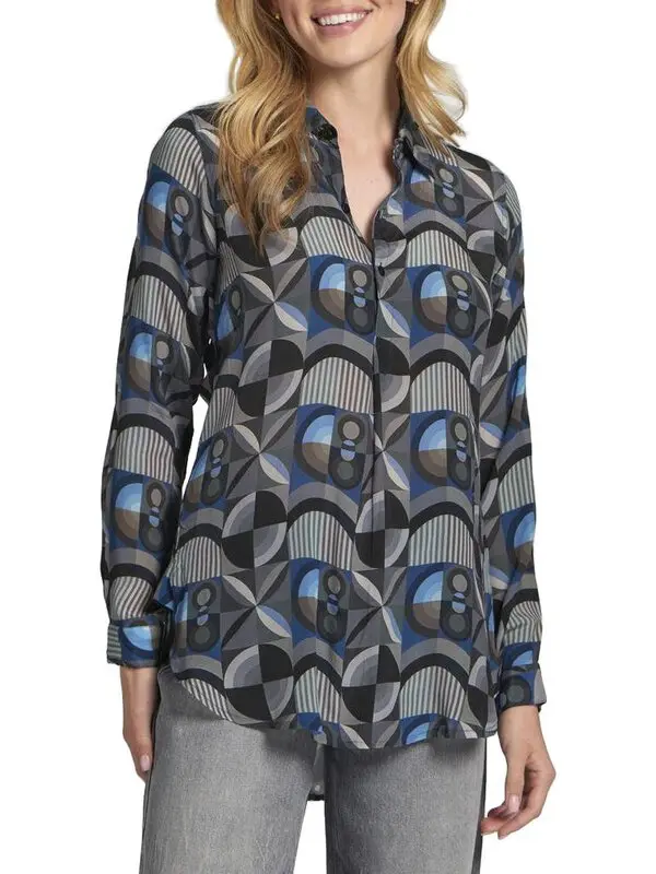 APNY Ikat Print Tunic Top - Grey/mocha Multi