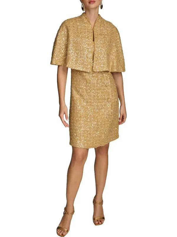 Donna Karan New York Sequin Tweed Cape & Sheath Dress Set - Gold