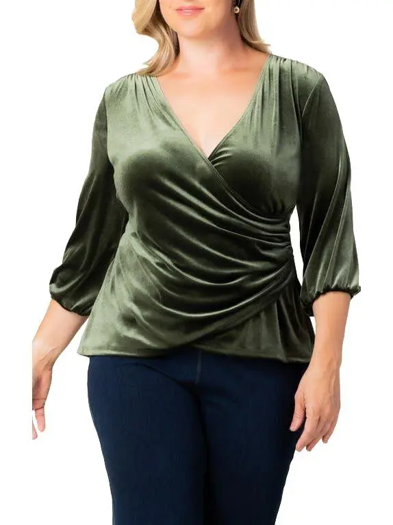 KIYONNA Odette Velvet Faux Wrap Top - Olive