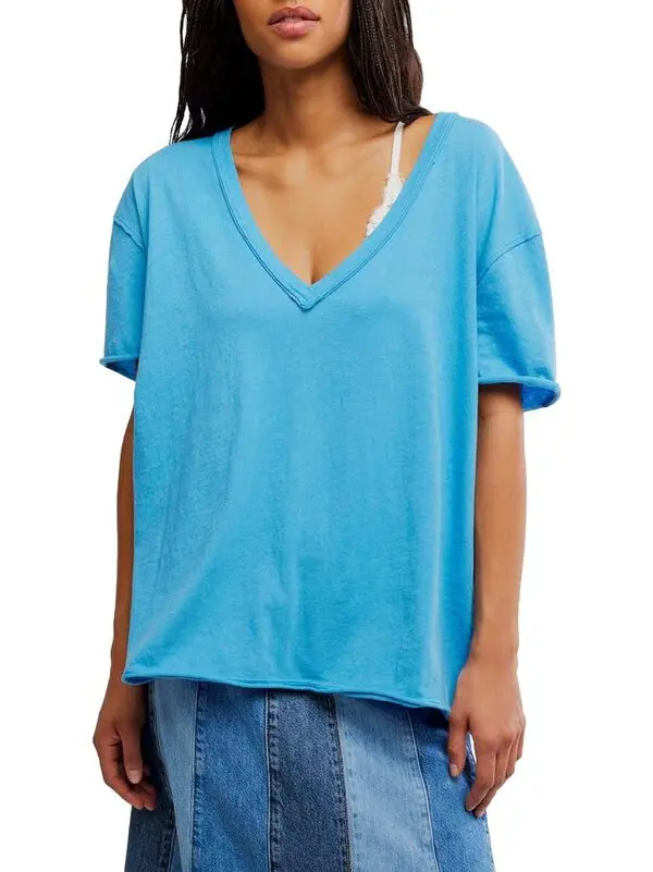 Free People Nina V-neck Cotton T-shirt - Azure Blue