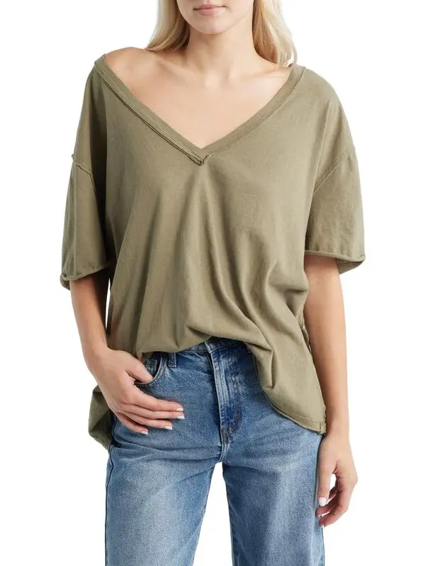 Free People Nina V-neck Cotton T-shirt - Olive Stone