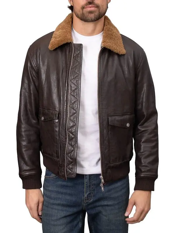 Bagatelle Washed Leather Aviator Jacket With Shearling Collar - Espresso