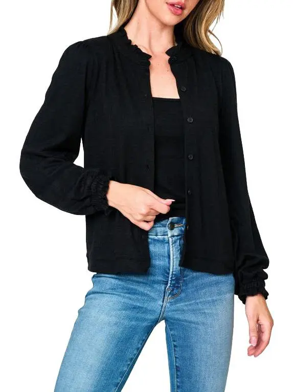 GIBSONLOOK Ruffle Accent Cardigan - Black
