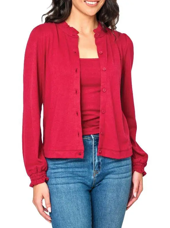 GIBSONLOOK Ruffle Accent Cardigan - Cranberry