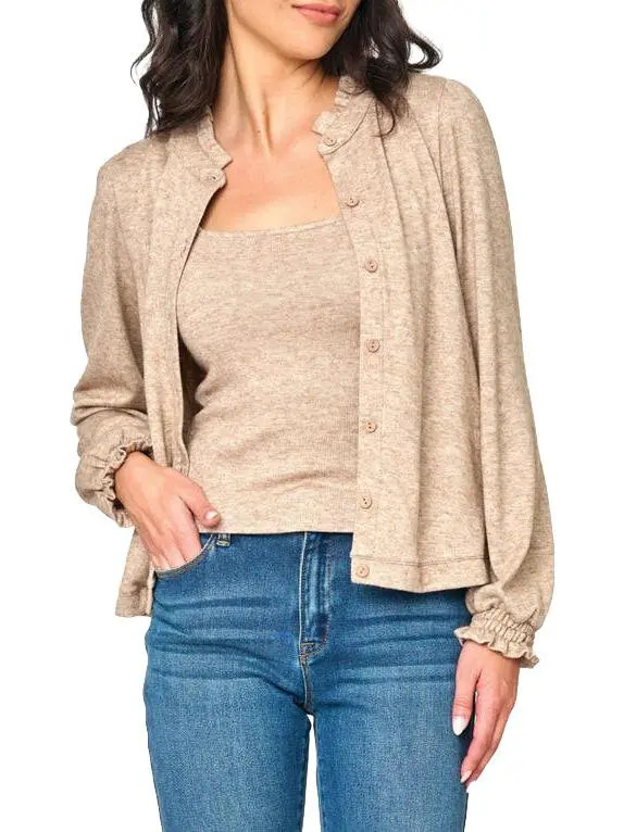 GIBSONLOOK Ruffle Accent Cardigan - Oatmeal Sand