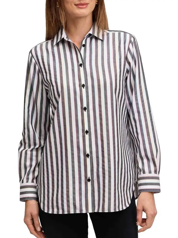 Foxcroft Rainbow Stripe Relaxed Fit Button-up Shirt - Black Multi Stripe