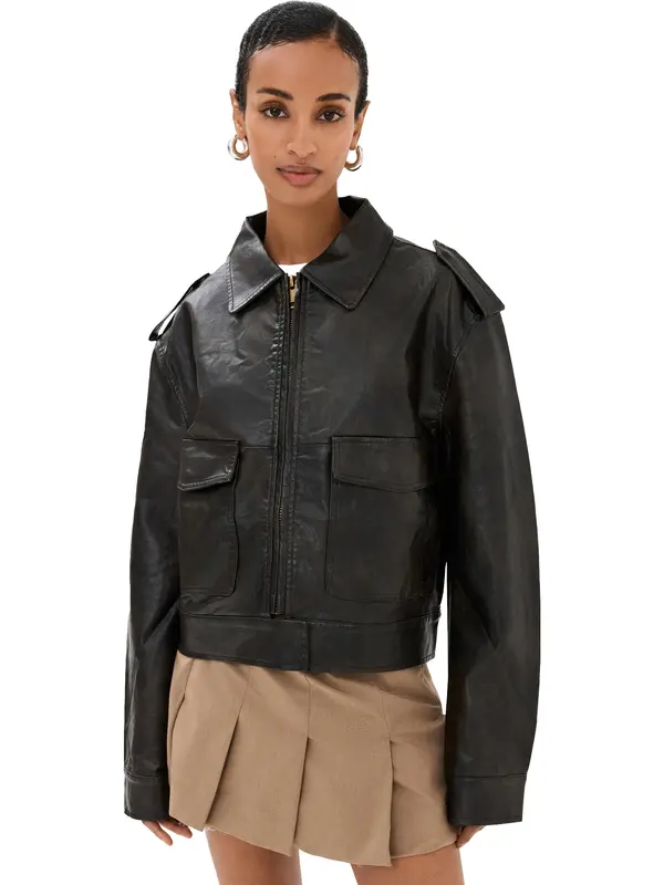Lioness Faux Leather Bomber Jacket - Washed Onyx