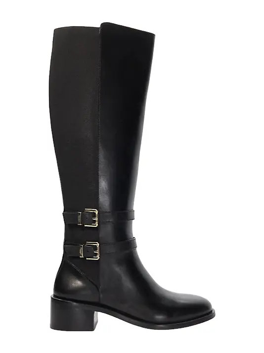 DUNE Double-buckle Knee-high Leather Boots - Black Leather