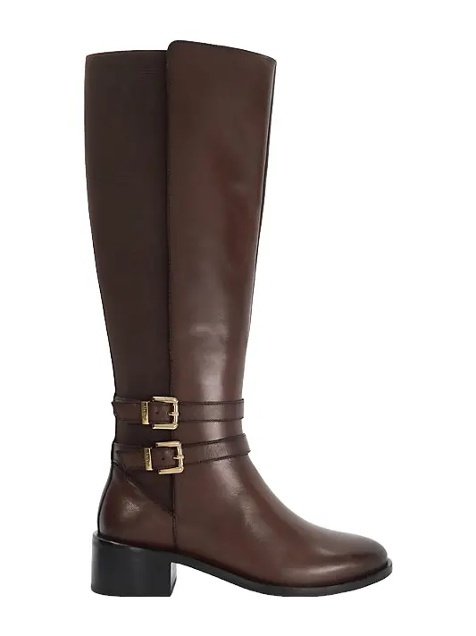DUNE Double-buckle Leather Knee-high Boots - Brown Leather