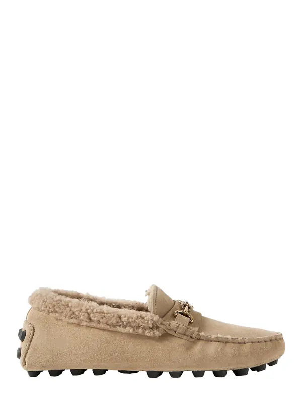 TOD'S Gommino Macro Embellished Shearling-trimmed Suede Loafers - Neutrals