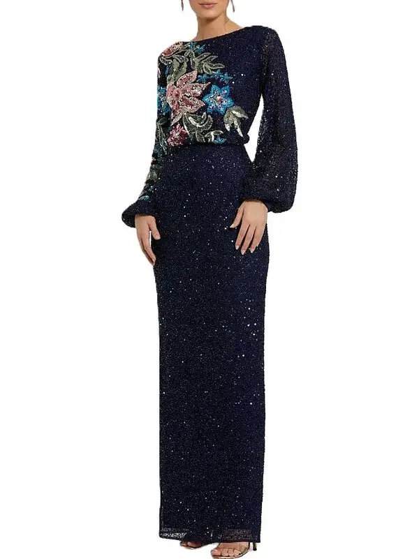 Mac Duggal Embellished Floral High Neck Gown - Midnight