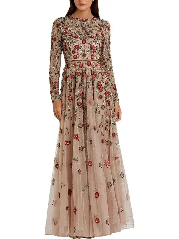 Mac Duggal Embellished High Neck Long Sleeve A-line Gown - Antique Rose