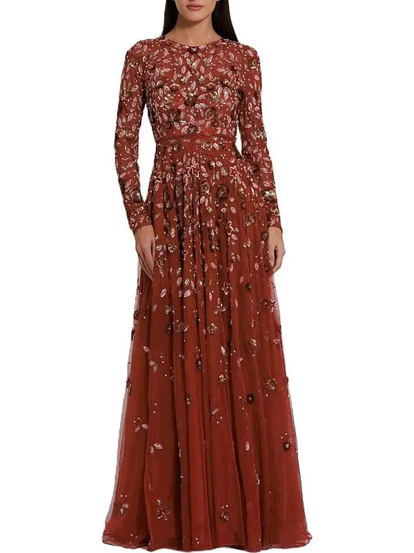 Mac Duggal Embellished High Neck Long Sleeve A-line Gown - Cinnamon
