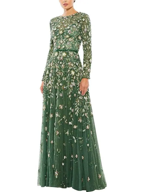 Mac Duggal Embellished High Neck Long Sleeve A-line Gown - Sage