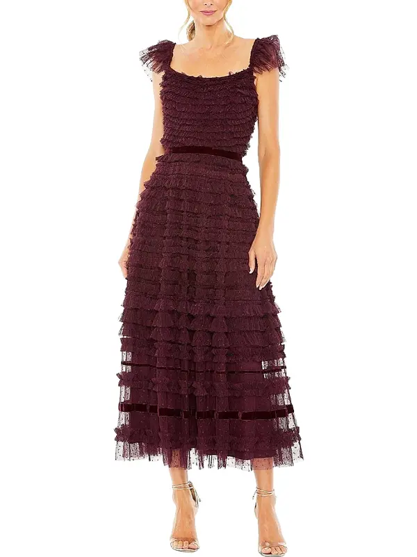 Mac Duggal Ruffle Cap Sleeve Tiered Midi Dress - Amethyst