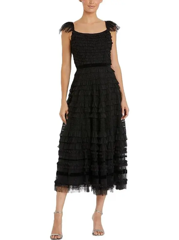 Mac Duggal Ruffle Cap Sleeve Tiered Midi Dress - Black