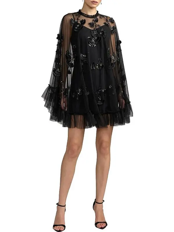 Mac Duggal Embellished Long Sleeve A-line Mini Dress - Black