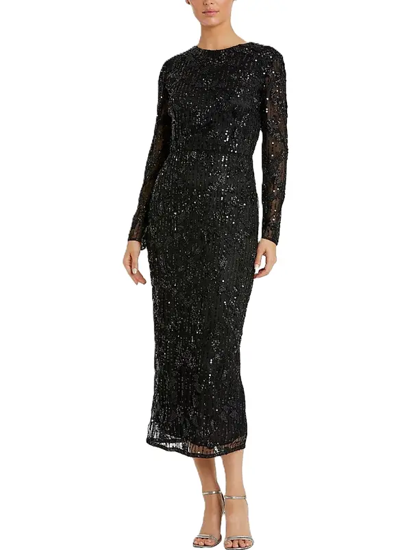 Mac Duggal High Neck Long Sleeve Embellished Dress - Black